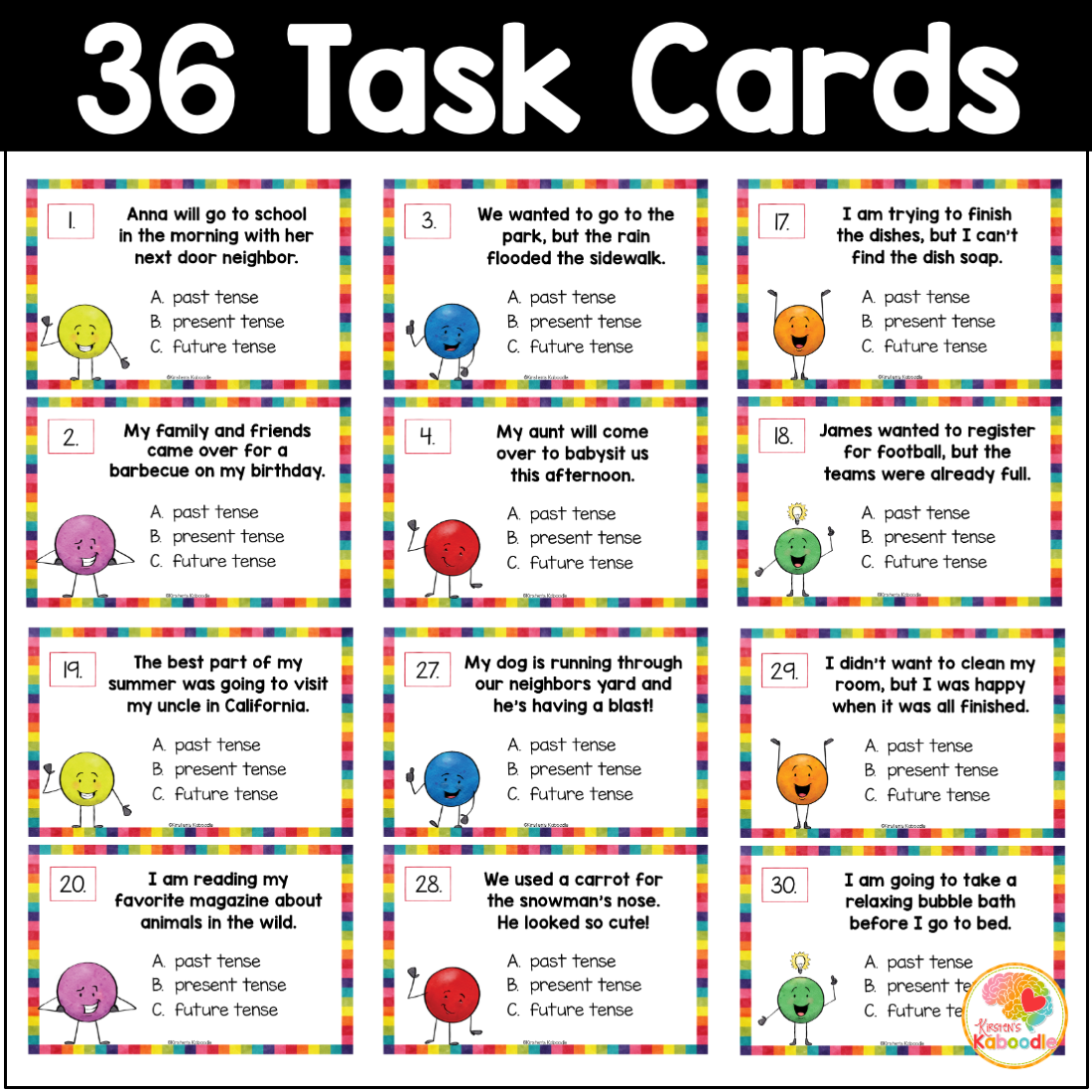 Verb Tenses Task Cards and Anchor Charts Activities: Past, Present ...