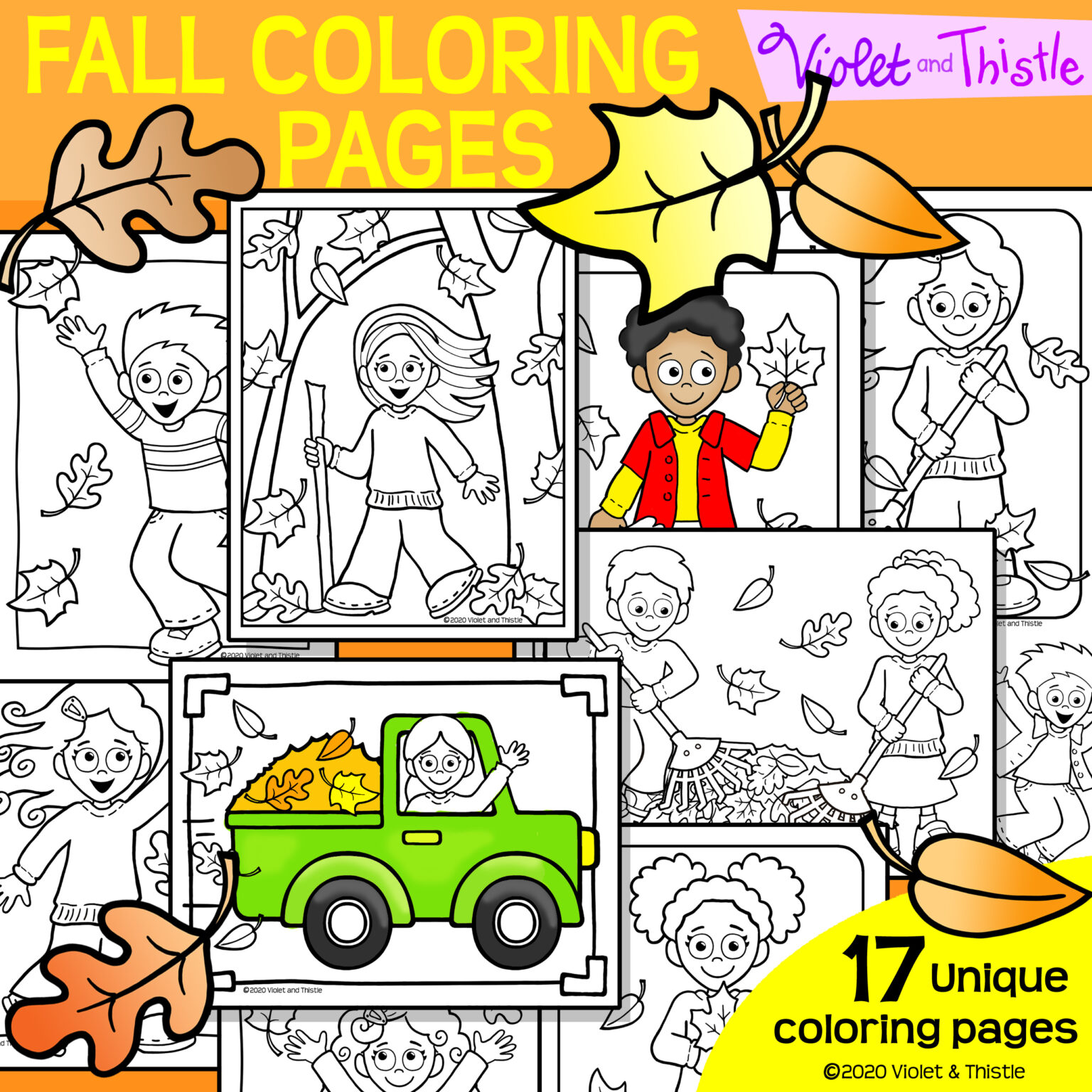 Fall Coloring Pages Fall Kids Verbs Color Sheets Activity Raking Hiking ...