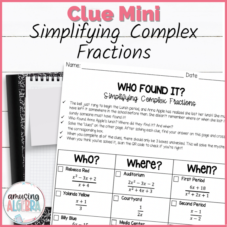 Simplifying Complex Fractions Clue Mini Mystery Activity | Made By Teachers