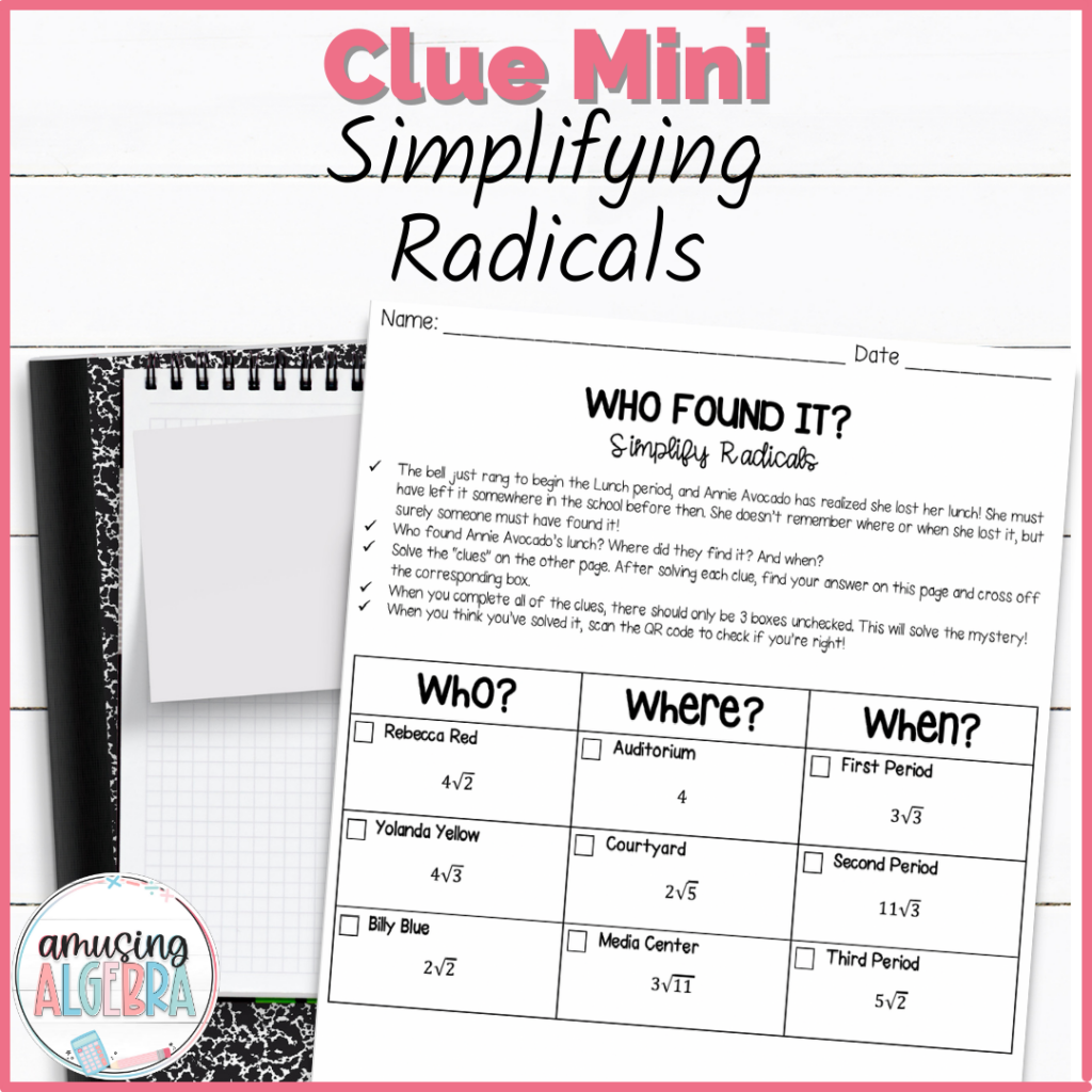 Simplifying Radicals Clue Mini Mystery Activity Made By Teachers 