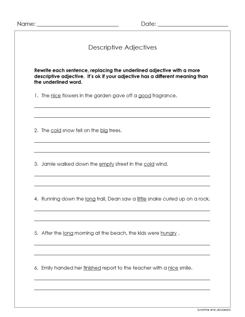 Descriptive Adjectives - Recognizing and Writing - 4 Worksheets ...