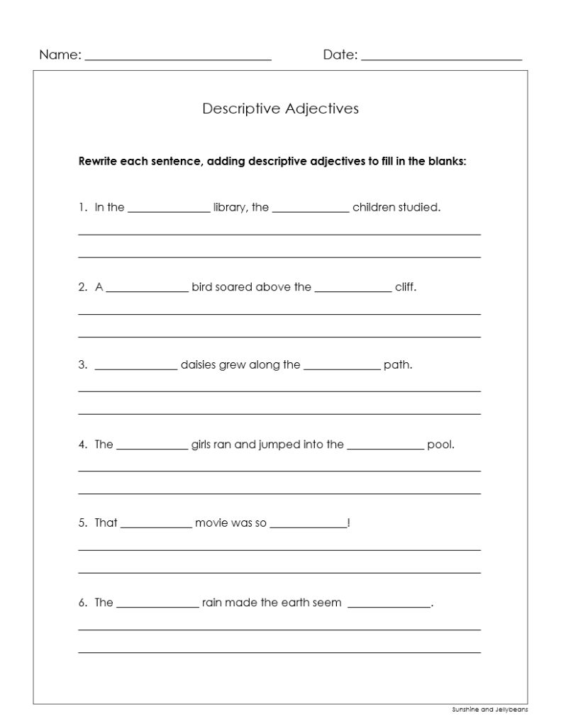 Descriptive Adjectives - Recognizing and Writing - 4 Worksheets ...