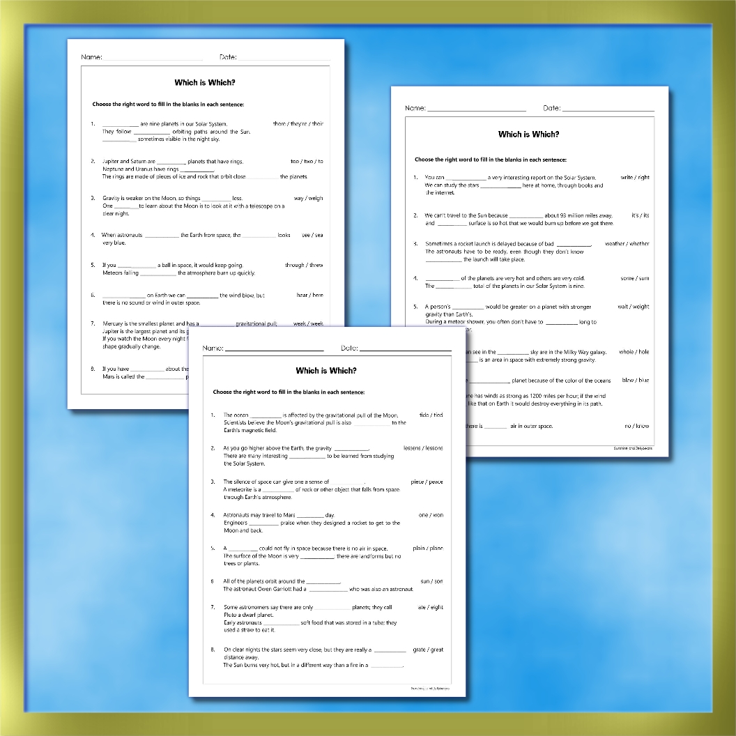 24 Homonyms - Outer Space Theme - Sound-Alike - 3 worksheets - Which is ...