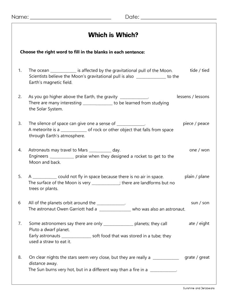 24 Homonyms - Outer Space Theme - Sound-Alike - 3 worksheets - Which is ...