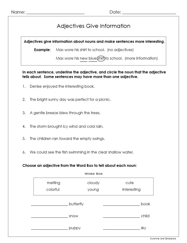 Adjectives - 5 worksheets - Explanations & Examples - Grades 2-3 - CCSS ...