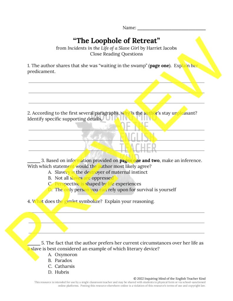 "The Loophole of Retreat" by Harriet Jacobs Close Reading Analysis ...
