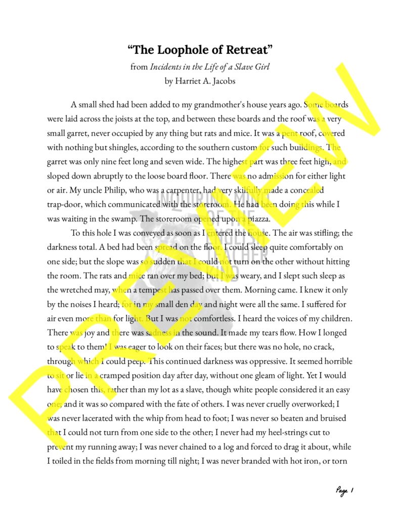 "The Loophole of Retreat" by Harriet Jacobs Close Reading Analysis ...