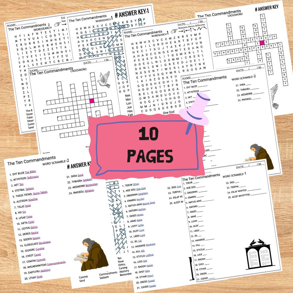 The Ten Commandments Worksheets Crossword-Word Scramble-Word Search ...