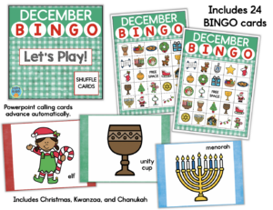 December CHRISTMAS Bingo Game + HANUKKAH & KWANZAA - Made By Teachers