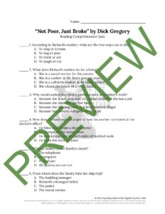 "Not Poor, Just Broke" by Dick Gregory Quiz and Answer Key | Made By ...