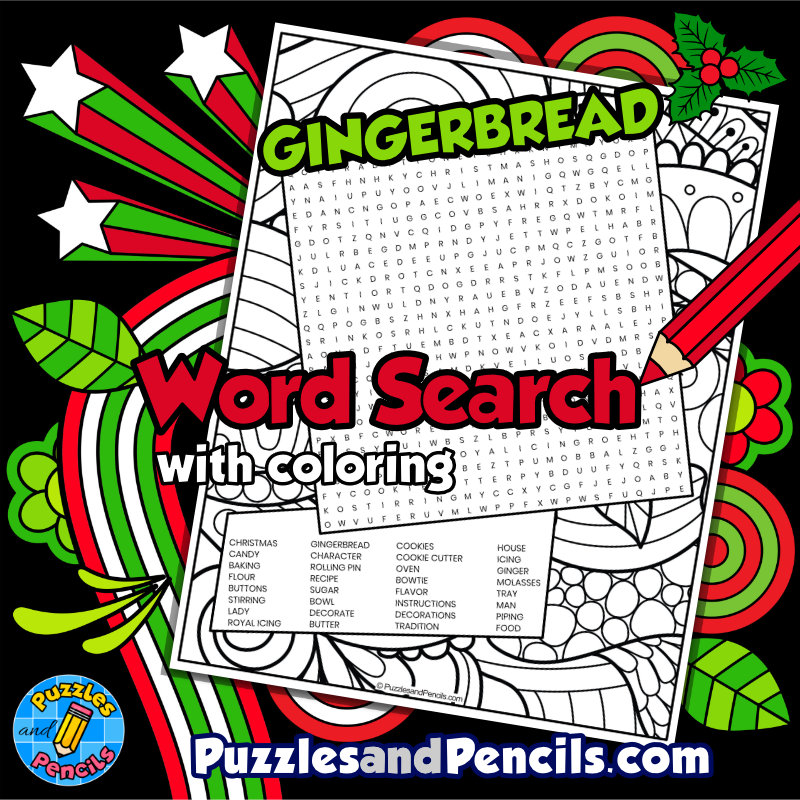 Gingerbread Word Search Puzzle Activity Page with Coloring | Christmas ...