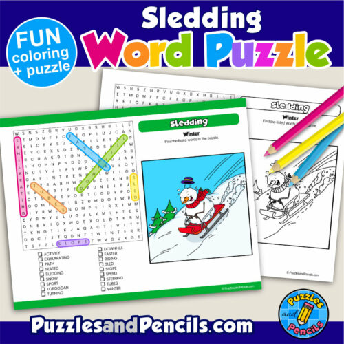 Sledding Word Search Puzzle Activity Page with Coloring | Winter ...