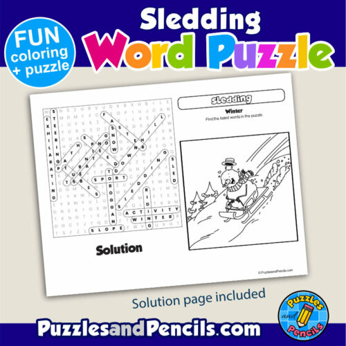 Sledding Word Search Puzzle Activity Page with Coloring | Winter ...