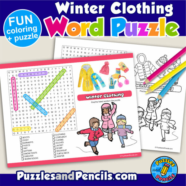 Winter Clothing Word Search Puzzle Activity Page with Coloring ...