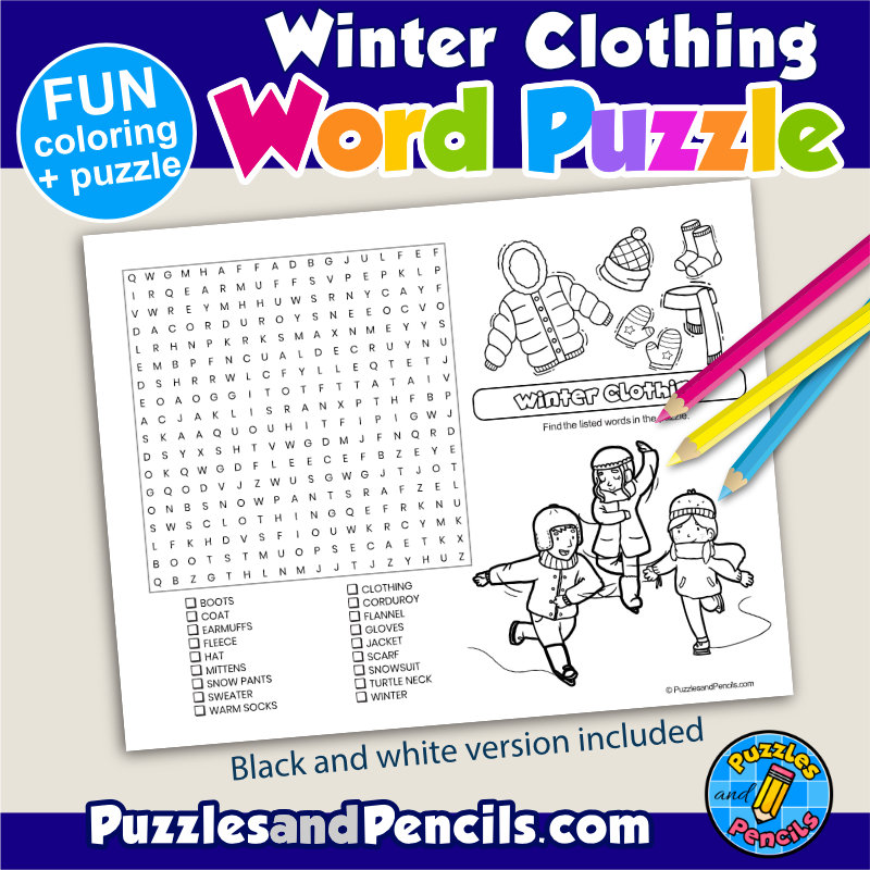 Winter Clothing Word Search Puzzle Activity Page with Coloring ...
