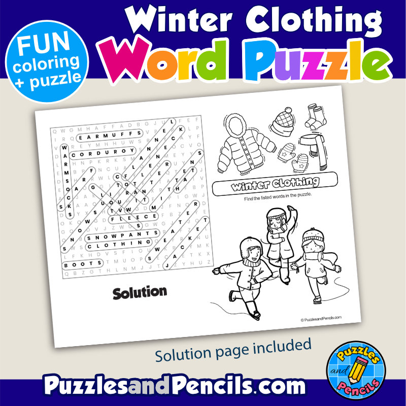 Winter Clothing Word Search Puzzle Activity Page with Coloring ...