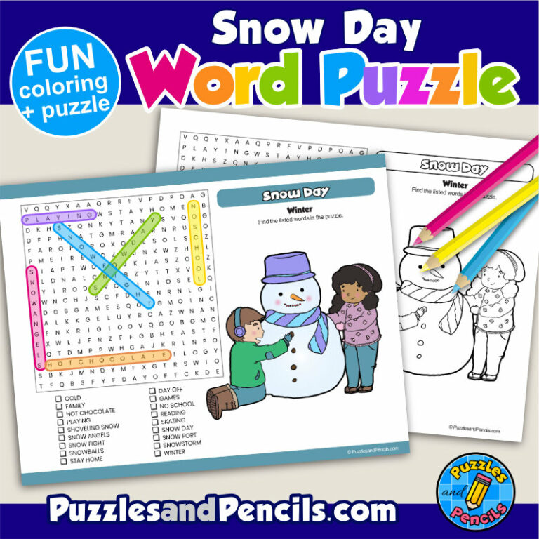 Snow Day Word Search Puzzle Activity Page with Coloring | Winter ...