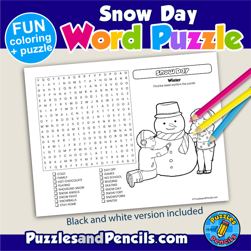 Snow Day Word Search Puzzle Activity Page with Coloring | Winter ...