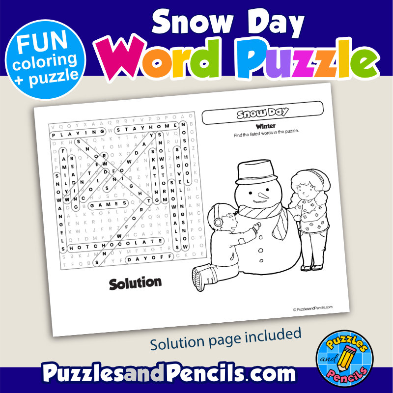 Snow Day Word Search Puzzle Activity Page with Coloring | Winter ...