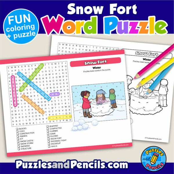 Snow Fort Word Search Puzzle Activity Page with Coloring | Winter ...
