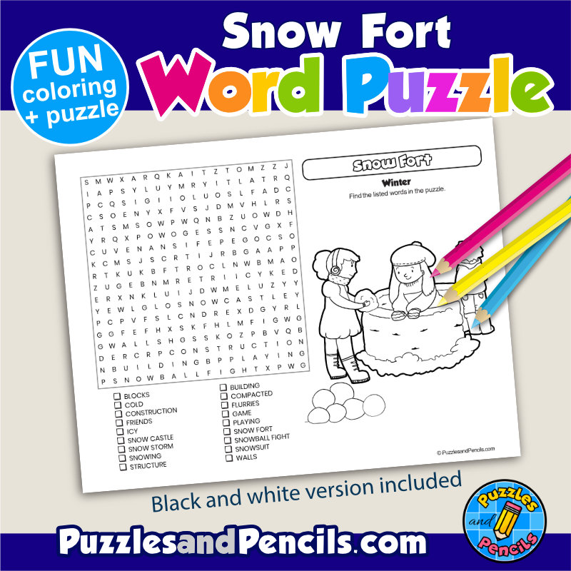 Snow Fort Word Search Puzzle Activity Page with Coloring | Winter ...