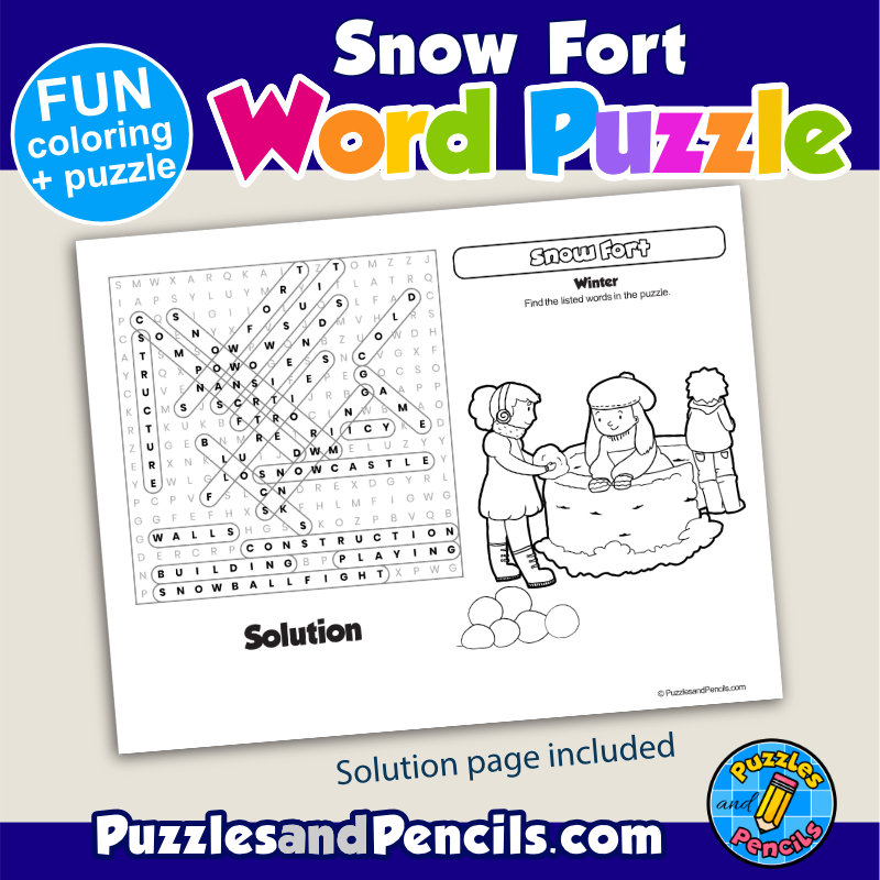 Snow Fort Word Search Puzzle Activity Page with Coloring | Winter ...