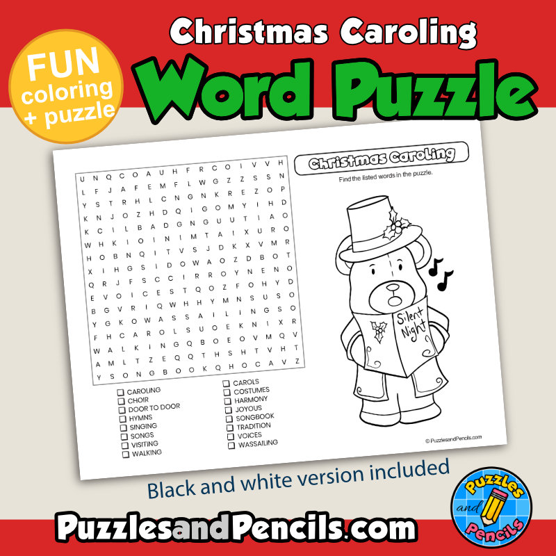 Christmas Caroling Word Search Puzzle Activity Page with Coloring ...