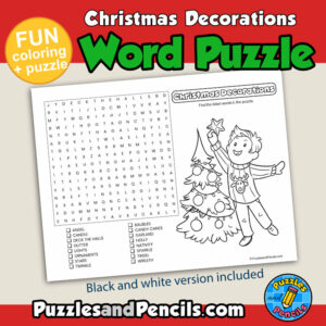 Christmas Decorations Word Search Puzzle Activity Page with Coloring ...