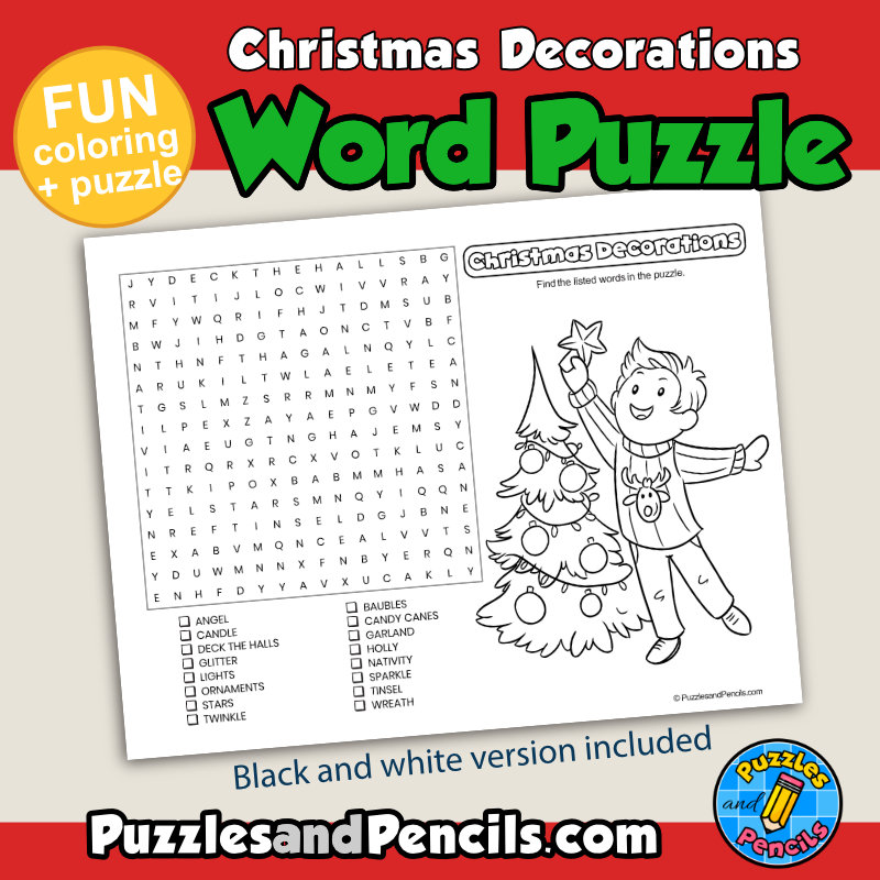 Christmas Decorations Word Search Puzzle Activity Page with Coloring ...