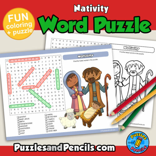 Nativity Word Search Puzzle Activity Page with Coloring | Christmas ...