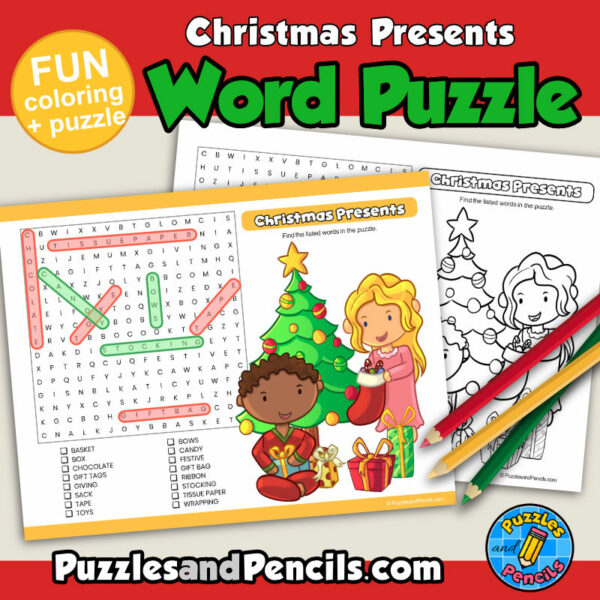 Christmas Presents Word Search Puzzle Activity Page with Coloring ...