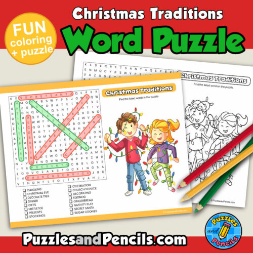 Christmas Traditions Word Search Puzzle Activity Page with Coloring ...