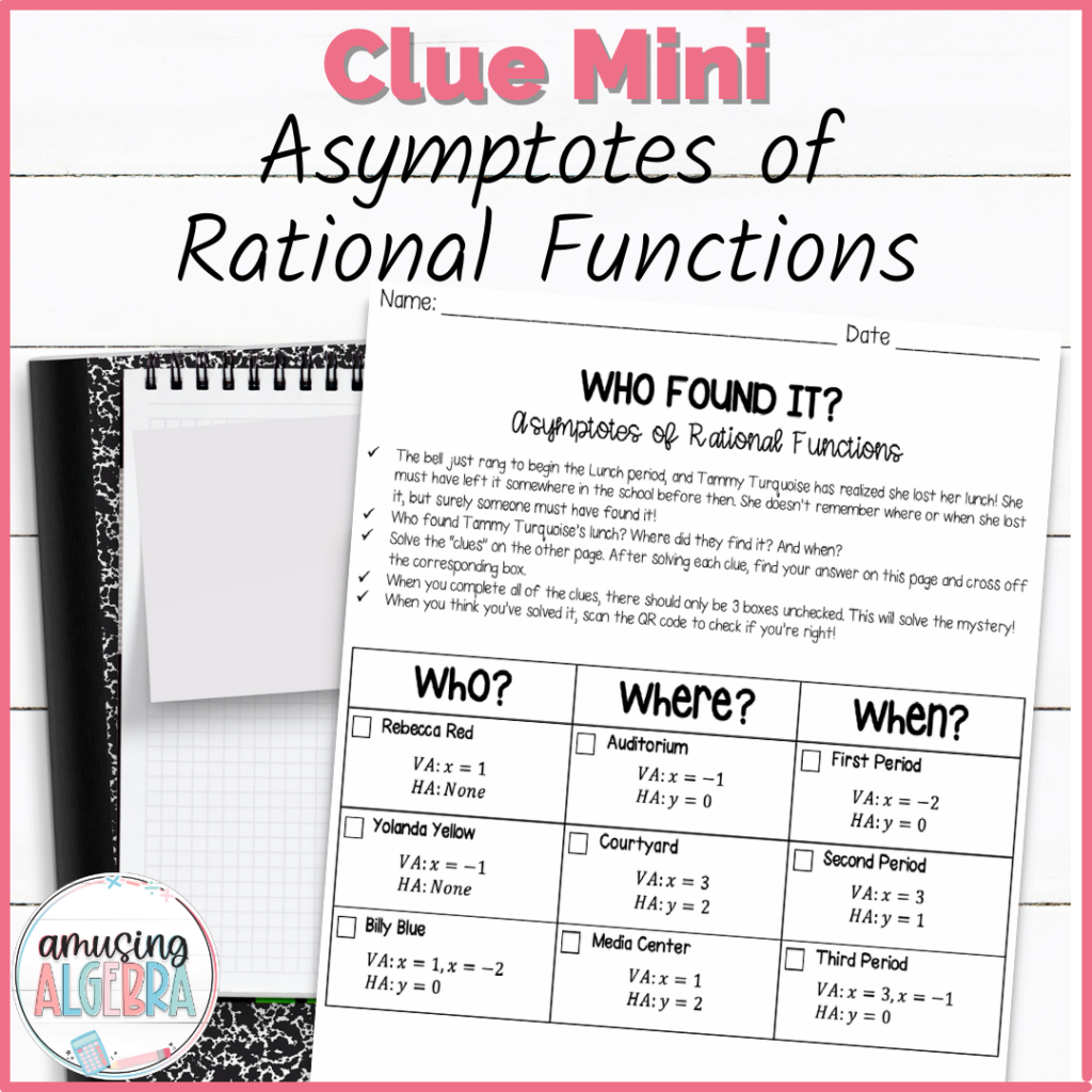 Asymptotes of Rational Functions Clue Mini Mystery Activity | Made By ...