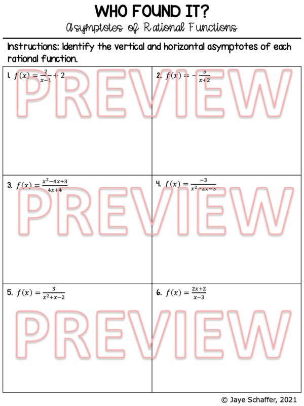 Asymptotes of Rational Functions Clue Mini Mystery Activity - Made By ...