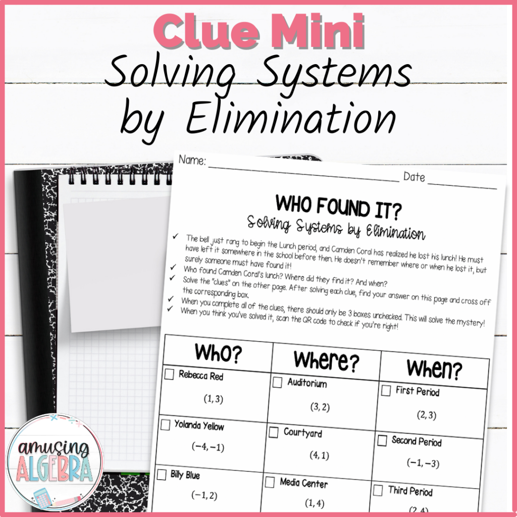 Solving Systems of Equations by Elimination Clue Mini Mystery Activity ...