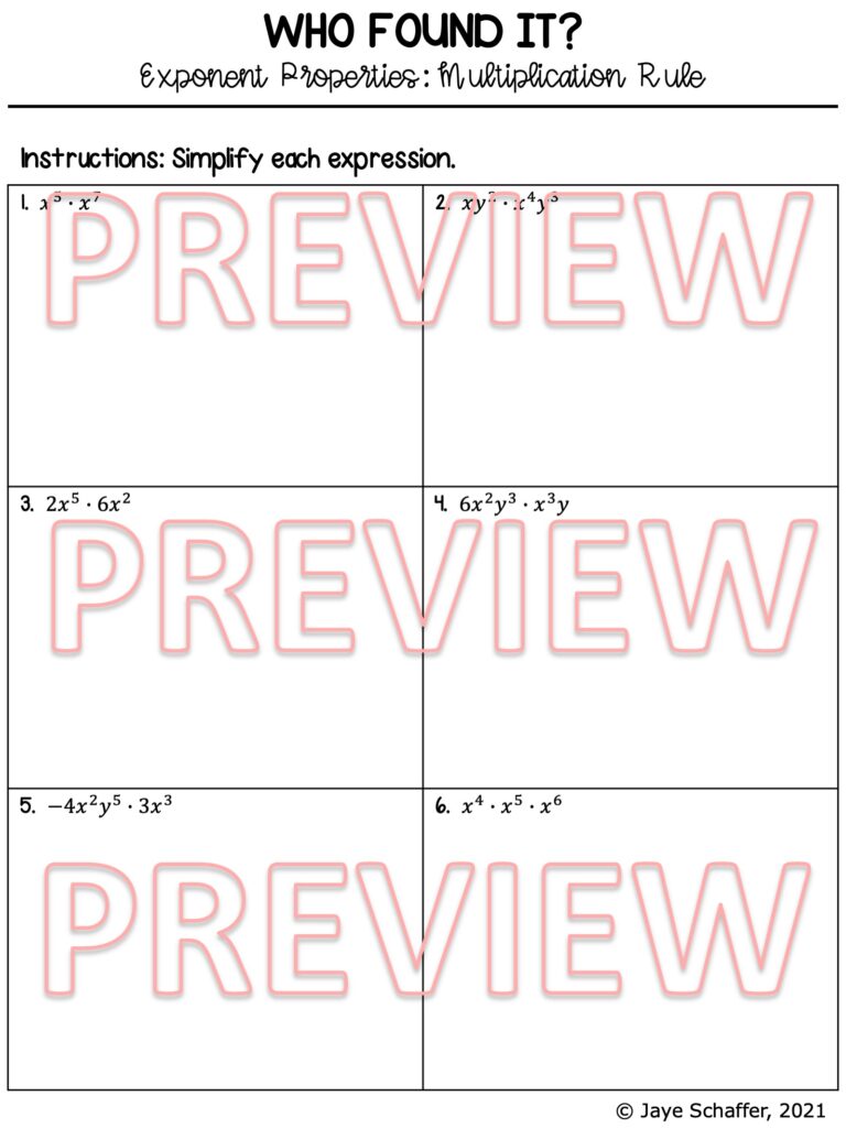 Exponent Properties Multiplication Clue Mini Mystery Activity - Made By ...