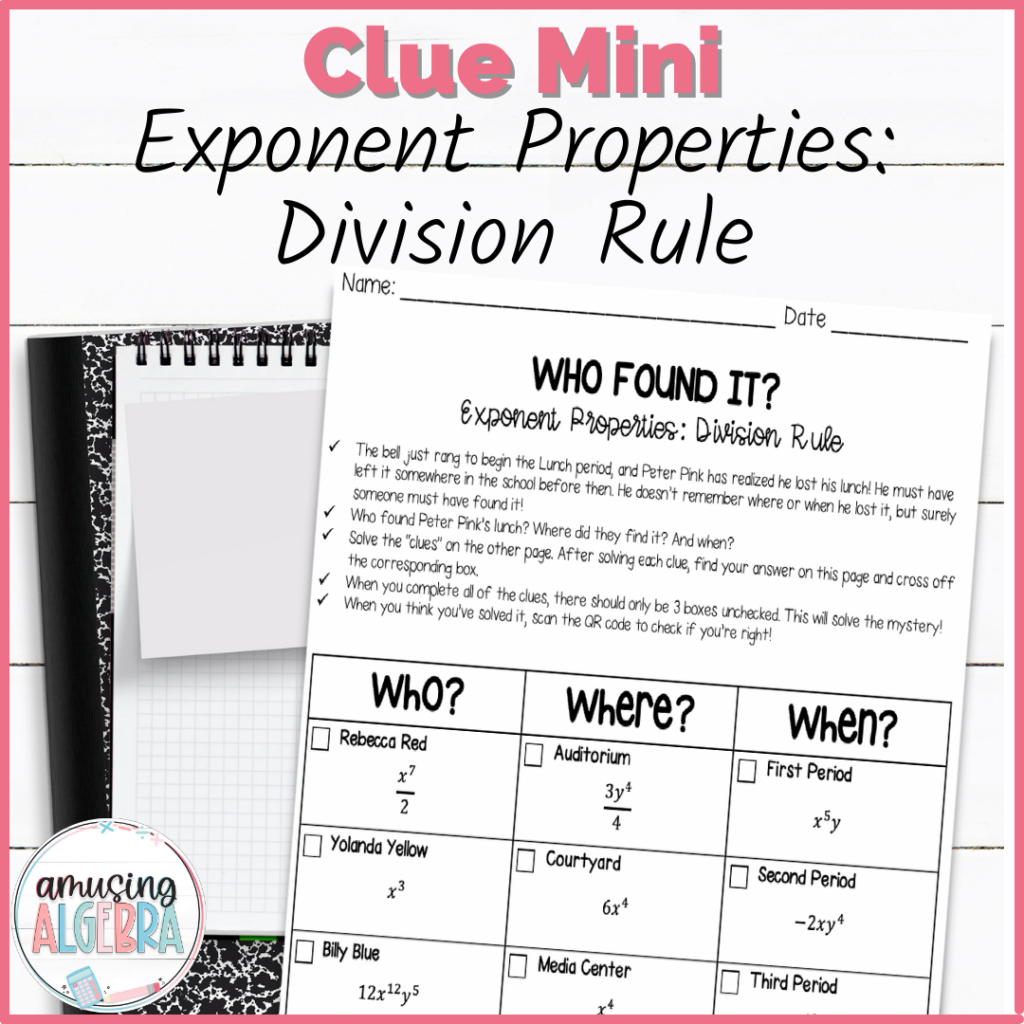 Exponent Properties Division Clue Mini Mystery Activity | Made By Teachers