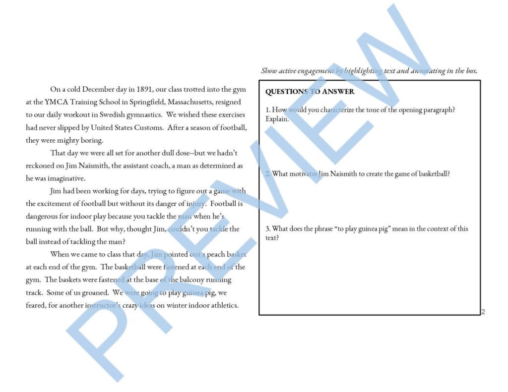 "The First Basketball Game" Close Reading Questions (Historical ...