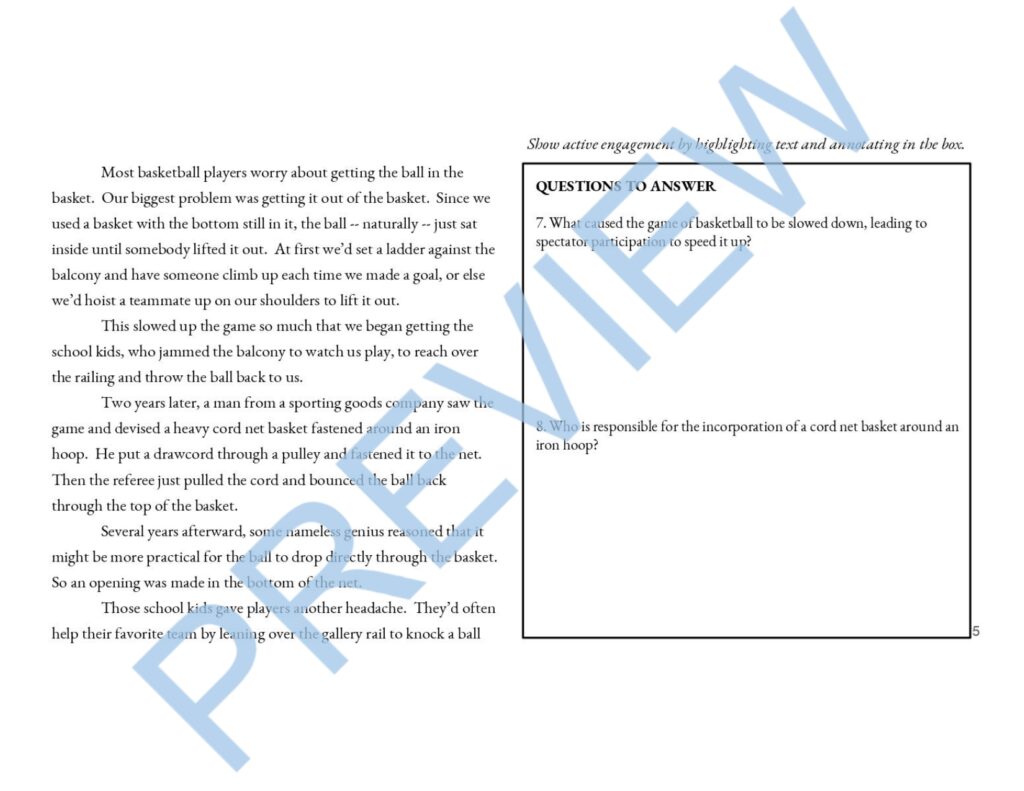 "The First Basketball Game" Close Reading Questions (Historical ...