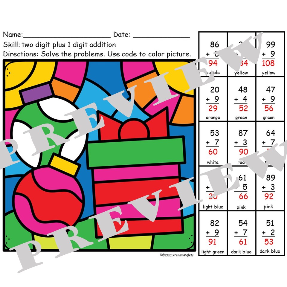 CHRISTMAS 2-DIGIT ADDITION WITH REGROUPING COLOR BY NUMBER CODE ...