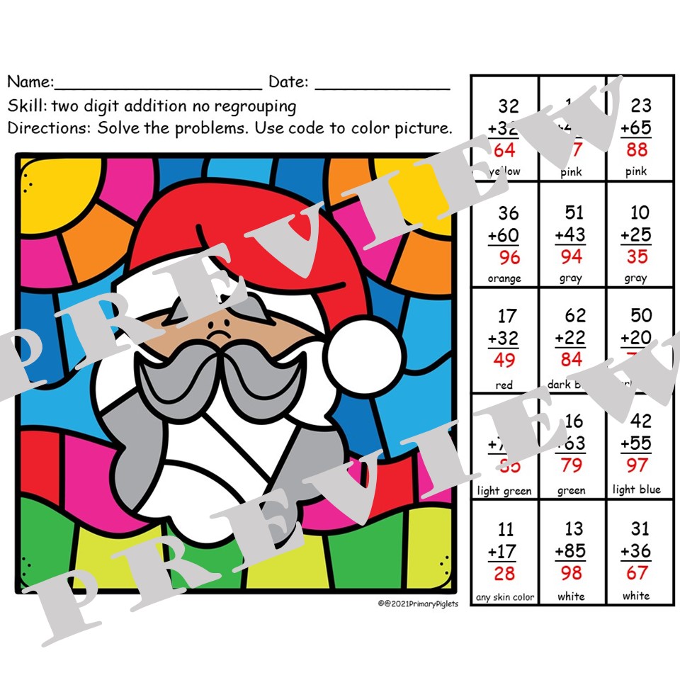 CHRISTMAS 2-DIGIT ADDITION WITHOUT REGROUPING COLOR BY NUMBER CODE ...