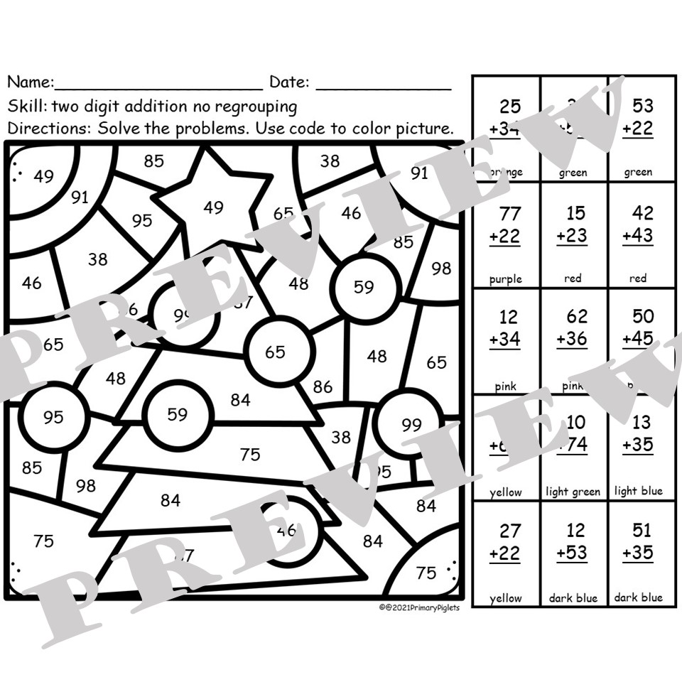 CHRISTMAS 2-DIGIT ADDITION WITHOUT REGROUPING COLOR BY NUMBER CODE TREE ...