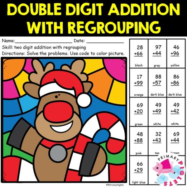 CHRISTMAS 2-DIGIT ADDITION WITH REGROUPING COLOR BY NUMBER RUDOLPH ...