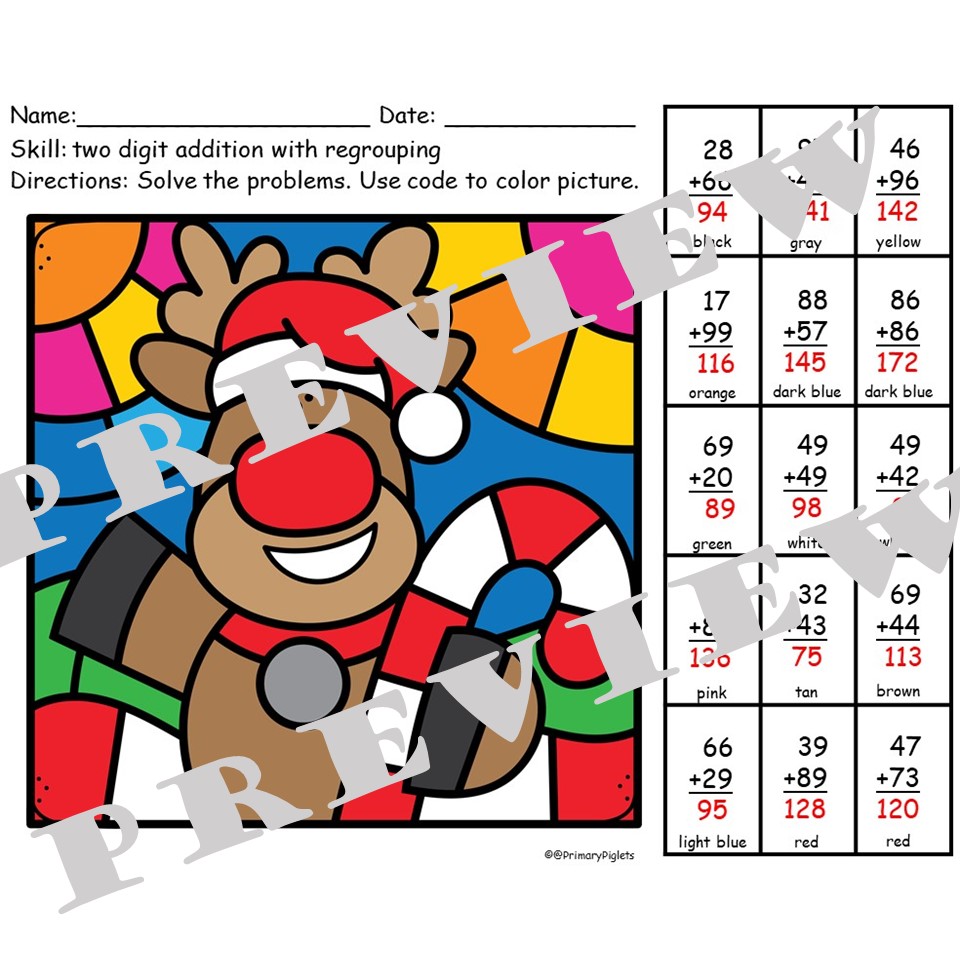 CHRISTMAS 2-DIGIT ADDITION WITH REGROUPING COLOR BY NUMBER RUDOLPH ...