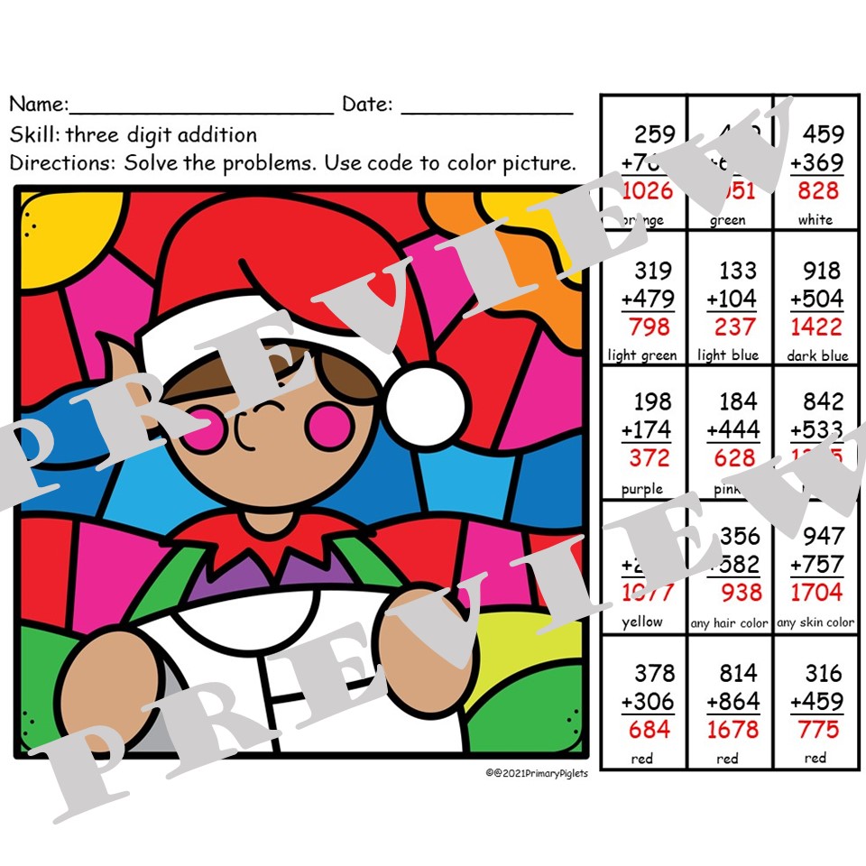 CHRISTMAS 3-DIGIT ADDITION WITH REGROUPING COLOR BY NUMBER CODE ELF ...