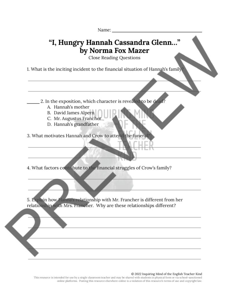 "I, Hungry Hannah Cassandra Glen" by Norma Fox Mazer Close Reading ...