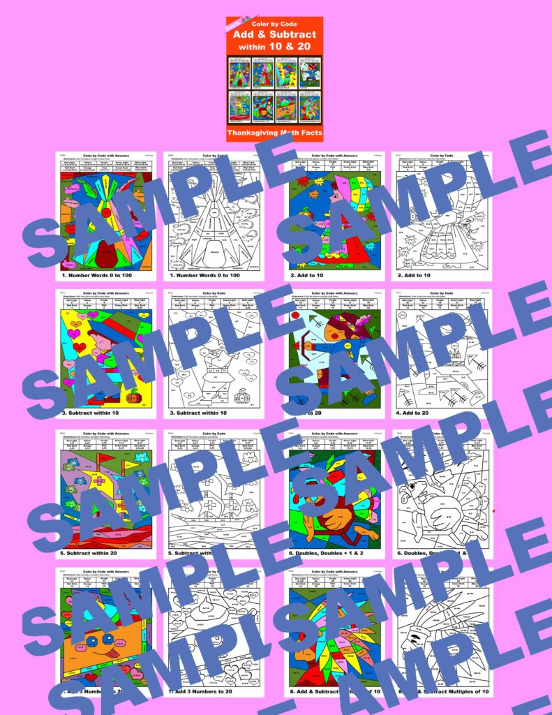 Thanksgiving Color by Code: Add and Subtract within 10 and 20 | Made By ...