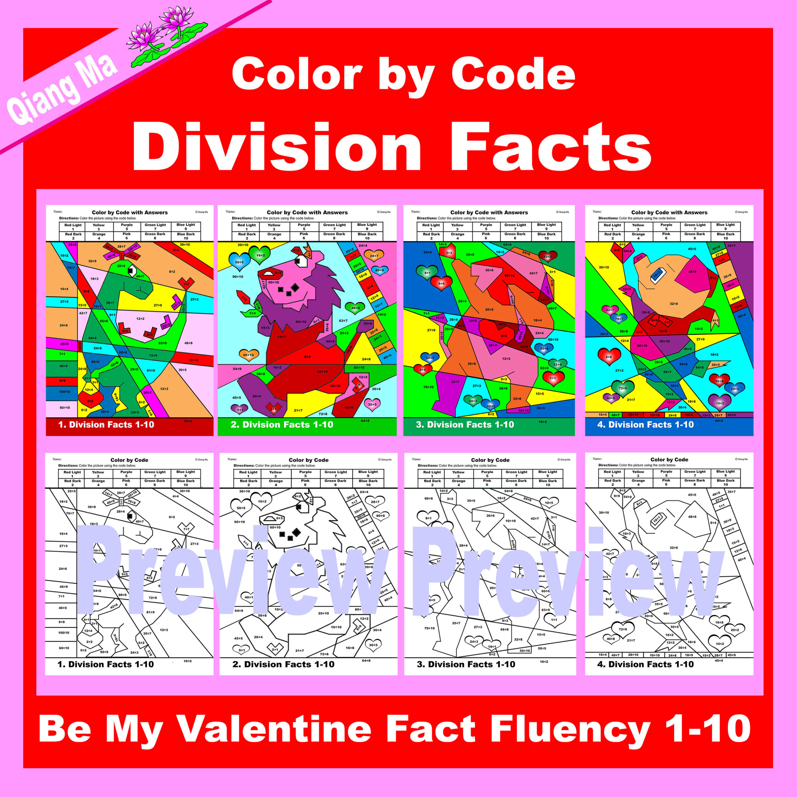 Valentine Color by Code: Multiplication and Division Facts 2 in 1: Be ...