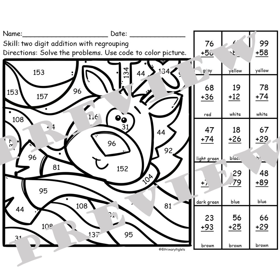 CHRISTMAS 2-DIGIT ADDITION WITH REGROUPING COLOR BY NUMBER CODE ...