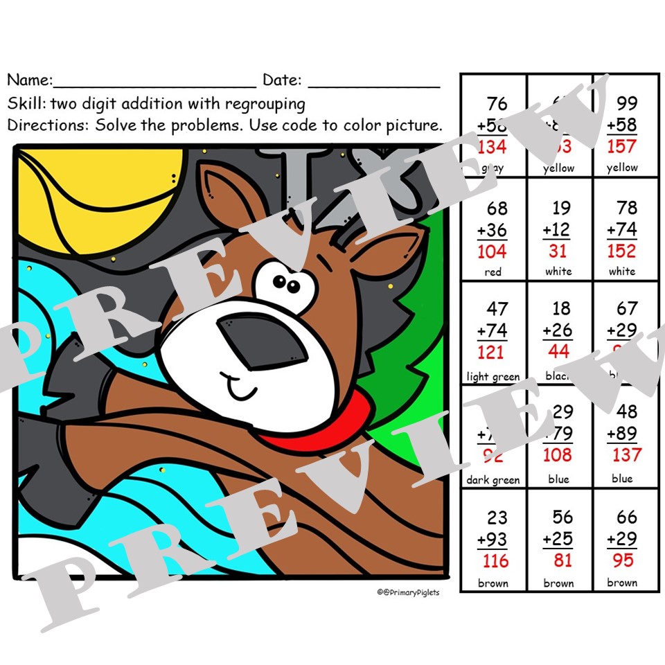 CHRISTMAS 2-DIGIT ADDITION WITH REGROUPING COLOR BY NUMBER CODE ...